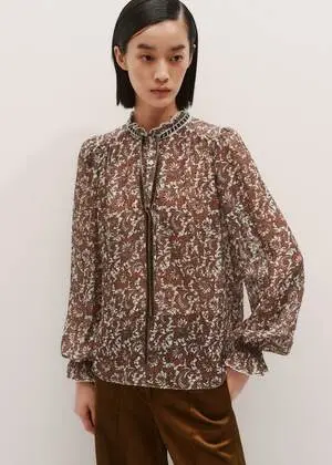 ME+EM Silk Blend Graphic Lace Print Tie Blouse