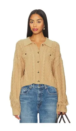 Central Park West Elyse Cabled Fringe Sweater Cardigan - Camel