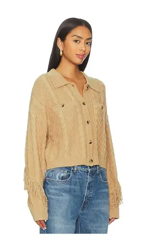 Central Park West Elyse Cabled Fringe Sweater Cardigan - Camel