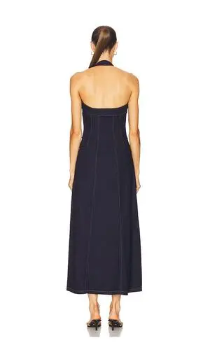 Bardot Denim Midi Dress With Halter Neck And Zip Closure