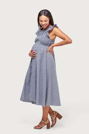 NOM MATERNITY Harper Smocked Maternity Dress - Navy Gingham