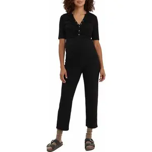 NOM MATERNITY Calista Maternity & Nursing Ribbed Polo Top - Black