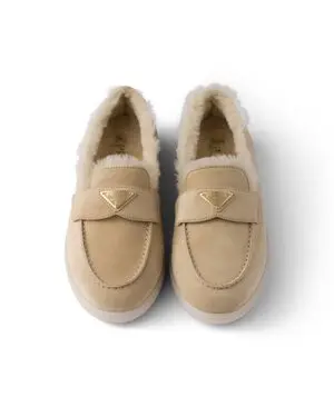 Prada Suede And Shearling Loafers - Neutral