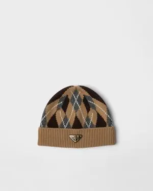 Prada Argyle Knit Beanie - Camel Brown