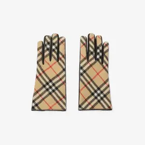 Burberry Check Wool Cashmere Gloves Sand Beige