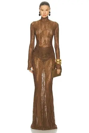 Norma Kamali Long Sleeve Turtleneck Fishtail Gown - Bark