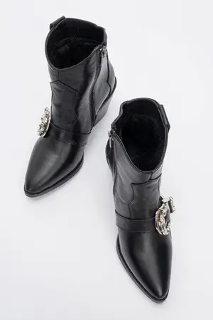 FOREVER & ALWAYS SHOES Leather Buckle Ankle Boots - Black Leather