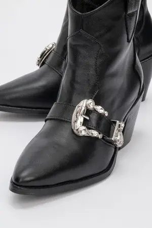 FOREVER & ALWAYS SHOES Leather Buckle Ankle Boots - Black Leather