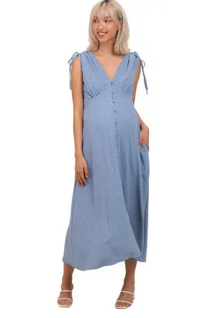 PINKBLUSH Polka Dot Shirred Bow Midi Dress - Blue