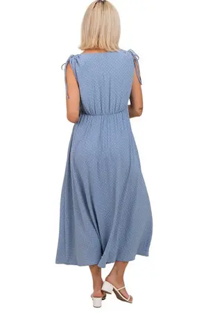 PINKBLUSH Polka Dot Shirred Bow Midi Dress - Blue