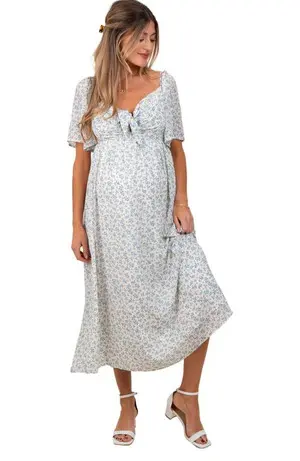 PINKBLUSH Floral Front Tie Midi Dress - Blue
