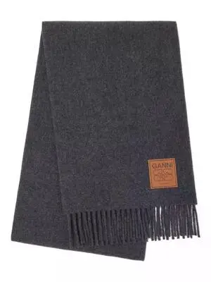 GANNI Logo-patch Fringed Scarf - Grey