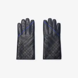 Burberry Check Intarsia Leather Gloves - Storm Blue