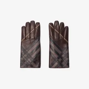 Burberry Check Intarsia Leather Gloves - Truffle Brown