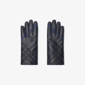 Burberry Check Intarsia Leather Gloves - Storm Blue