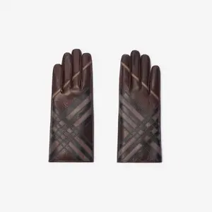Burberry Check Intarsia Leather Gloves - Truffle Brown