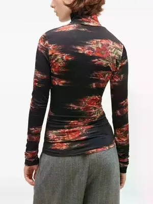 GANNI Floral Print Turtleneck Top - Black