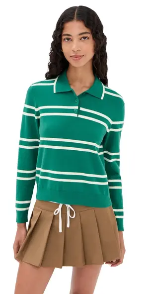 STATE & LAKE Long Sleeve Striped Polo - Green/white