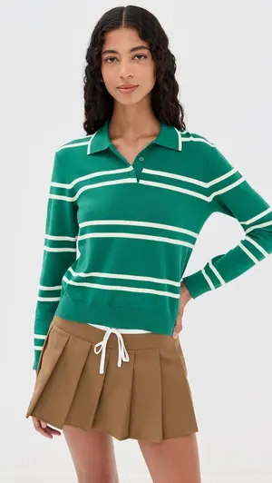 STATE & LAKE Long Sleeve Striped Polo - Green/white