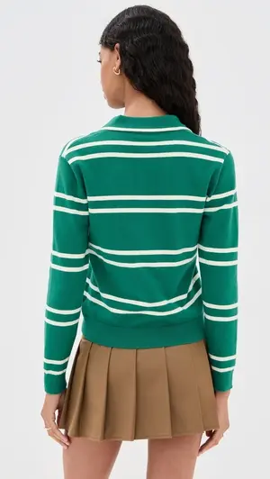 STATE & LAKE Long Sleeve Striped Polo - Green/white
