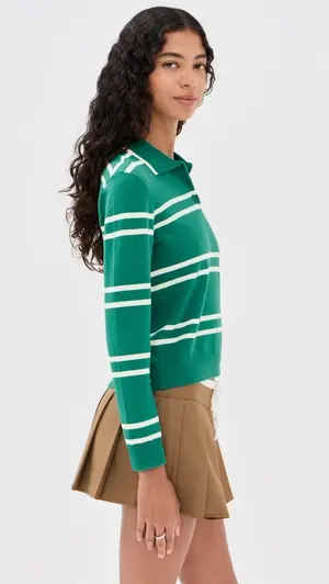 STATE & LAKE Long Sleeve Striped Polo - Green/white