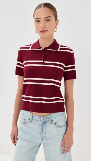 STATE & LAKE Striped Knit Polo - Oxblood/white