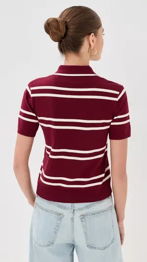 STATE & LAKE Striped Knit Polo - Oxblood/white