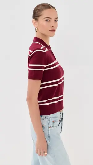 STATE & LAKE Striped Knit Polo - Oxblood/white