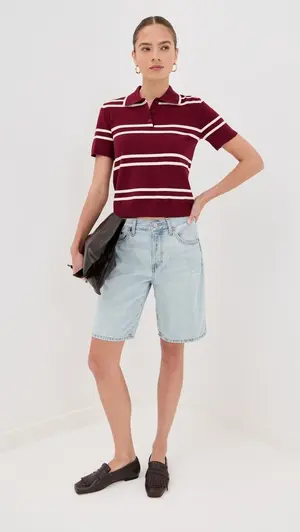STATE & LAKE Striped Knit Polo - Oxblood/white