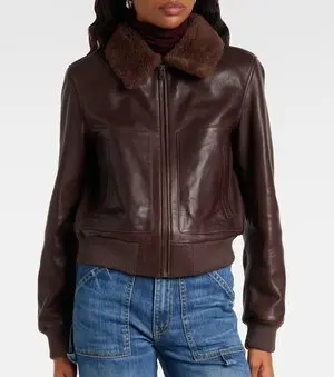 NILI LOTAN Shearling Trimmed Leather Jacket - Brown
