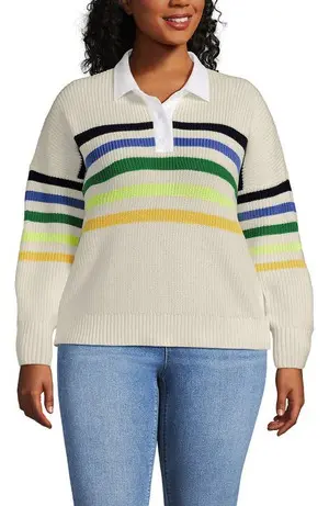 LANDS' END Drifter Rugby Sweater With Woven Collar Ivory/multi Gem Placed Stripe