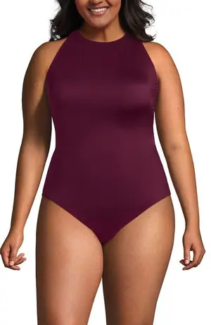 LANDS' END Tugless High Neck Portrait Back One-piece Swimsuit - Berry