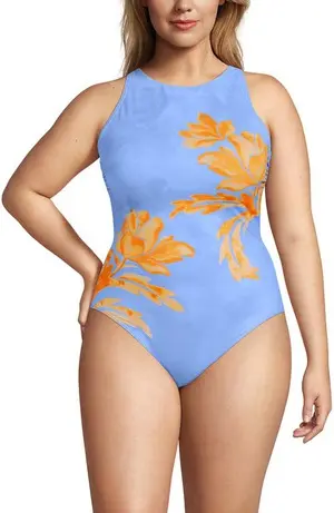 LANDS' END Tugless High Neck Portrait Back One-piece Swimsuit - Blue Elegant Floral Placement