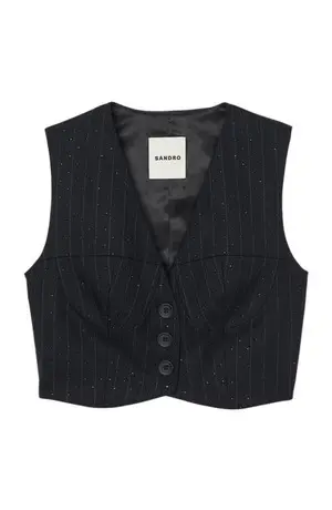 Sandro Striped Rhinestone Embellished Vest - Navy Blue