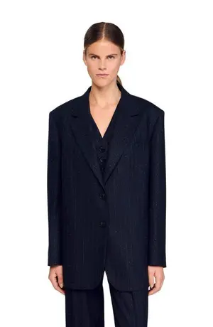 Sandro Striped Rhinestone Suit Jacket - Navy Blue