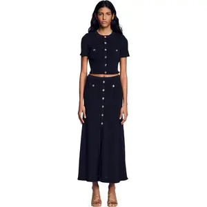 Sandro Cropped Pointelle Knit Cardigan With Button Detailing - Black