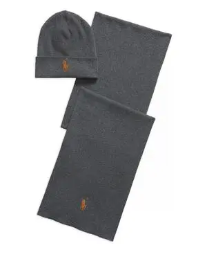 Polo Ralph Lauren Embroidered-logo Beanie And Scarf Set - Grey