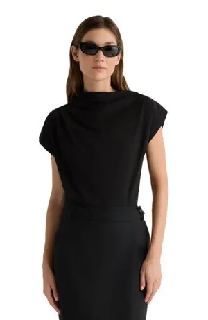 Modern Citizen Kenny Asymmetrical Neck Tee With Pleated Detailing - Black