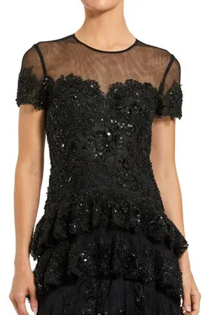 Mac Duggal Short Sleeve Tiered Mesh Gown With Embellishments