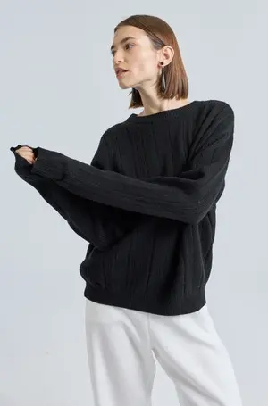 Almina Concept Ribbed Wool Crewneck Sweater - Black