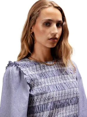 RO&ZO Striped Shirred Blouse - Blue