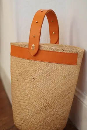 LASTELIER Borneo Leather And Straw Bucket Bag - Orange