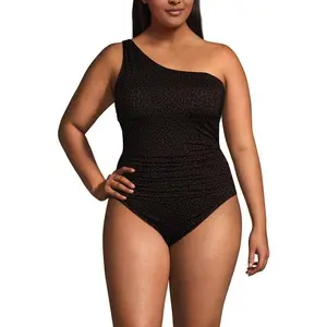 LANDS' END Shirred One-shoulder One-piece Swimsuit - Brown Leopard
