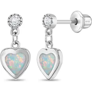 IN SEASON JEWELRY 925 Sterling Silver Simulated Opal Heart Dangle Earrings - White