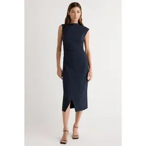 Modern Citizen Manon Asymmetrical Neckline Ruched Midi Dress - Navy