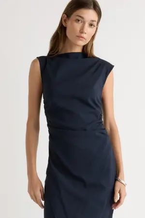 Modern Citizen Manon Asymmetrical Neckline Ruched Midi Dress - Navy