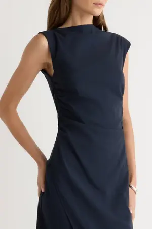 Modern Citizen Manon Asymmetrical Neckline Ruched Midi Dress - Navy