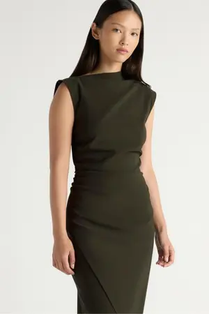 Modern Citizen Manon Asymmetric Neck Ruched Dress - Olive