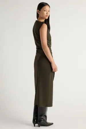 Modern Citizen Manon Asymmetric Neck Ruched Dress - Olive
