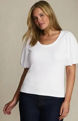 LANDS' END Drapey Rib Puff Sleeve Top - White